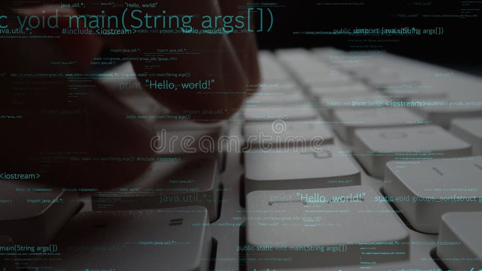 Hands Typing Code on Keyboard with Matrix of Programming Text in ...