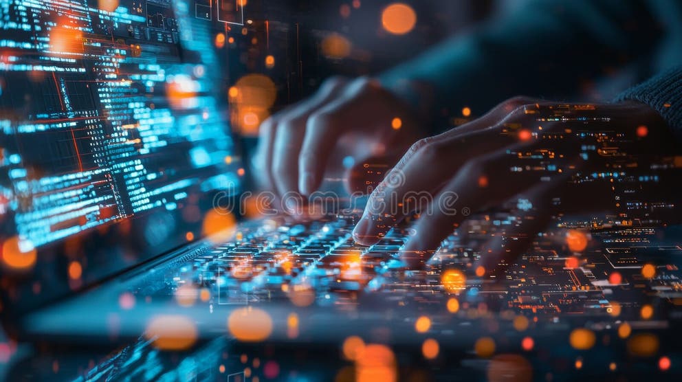 Hands Typing Code On Laptop With Digital Interface Overlay Stock Image Image Of Coding