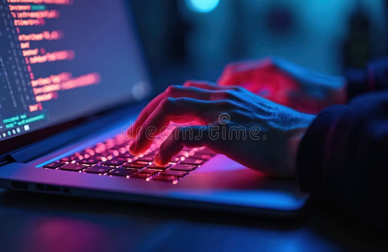 Hands Typing Code on Laptop Keyboard in Dark Room, Cyber Security ...
