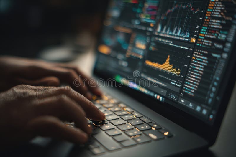Hands Typing Code on Laptop Keyboard, Developing Trading Platform with ...