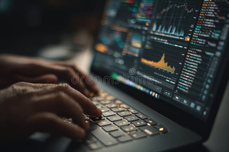 Hands Typing Code on Laptop Keyboard, Developing Trading Platform with Candlestick Charts and ...