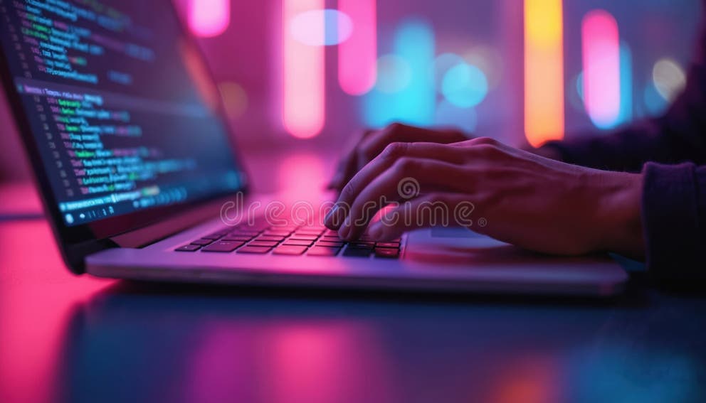 Hands Typing Code on Laptop Keyboard in Neon Light. Programmer ...