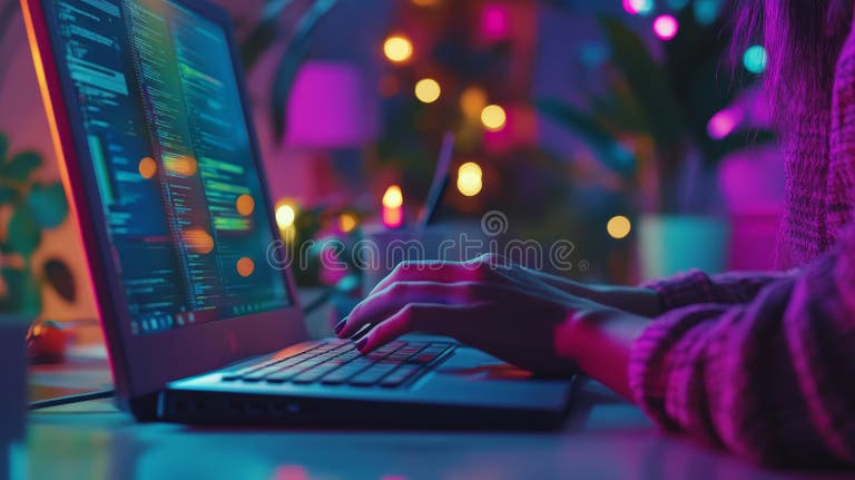 Hands Typing Code on Laptop in Neon Lit Room Stock Illustration ...