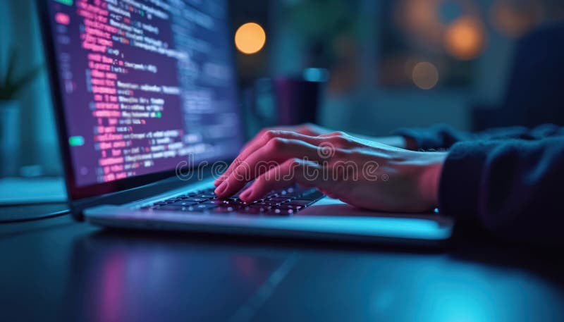 Hands Typing Code on Laptop at Night. Programming, Data Analysis, Software Development Stock ...