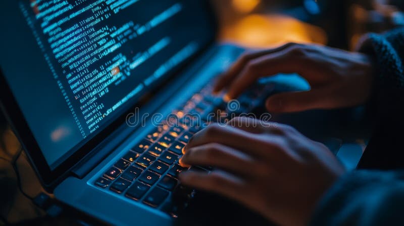 Hands Typing Code on a Laptop with an Orange Backlit Keyboard, Representing it, Development, and ...