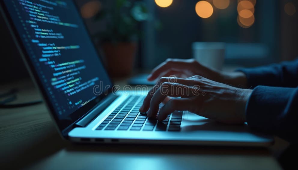 Hands Typing Code on Laptop. Programmer Working on Software. Cyber Security Concept, Data ...
