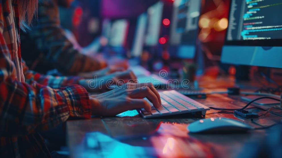 Hands Typing Code For A Project On A Keyboard Using A Computer Next To A Standing Mouse Stock