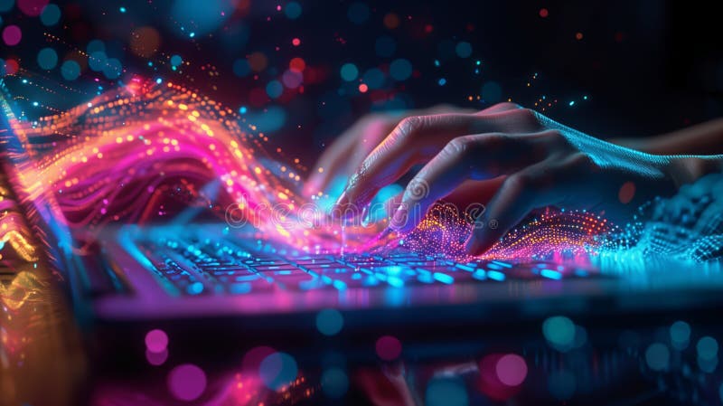 Hands Typing with Colorful Digital Flow Stock Illustration ...