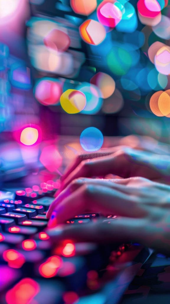 Hands Typing on Colorful Keyboard with Coding Screen. Generative Ai ...