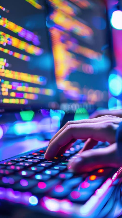 Hands Typing on Colorful Keyboard with Coding Screen. Generative Ai Stock Illustration ...