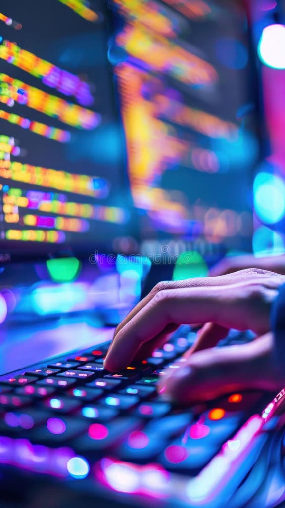 Hands Typing on Colorful Keyboard with Coding Screen. Generative Ai ...