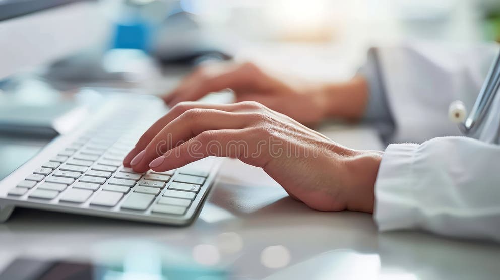 Hands Typing on a Computer Keyboard in a Healthcare Stock Illustration ...
