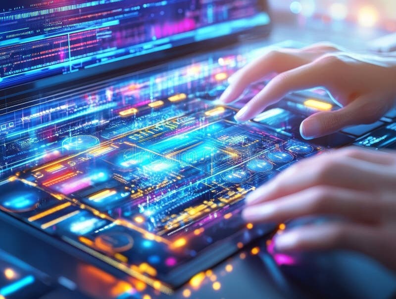 Hands are Typing on a Cutting-edge, Glowing Keyboard in a Close-up View ...