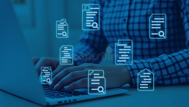 Hands Typing with Data and Document Icons Overlay Stock Illustration ...
