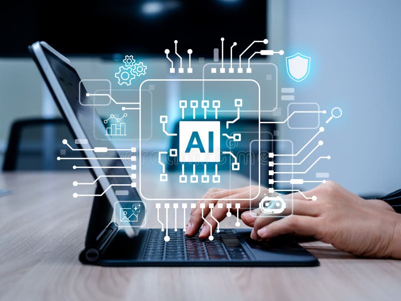 Hands Typing on Digital Device with AI Technology Interface Overlay. Concept of Artificial ...