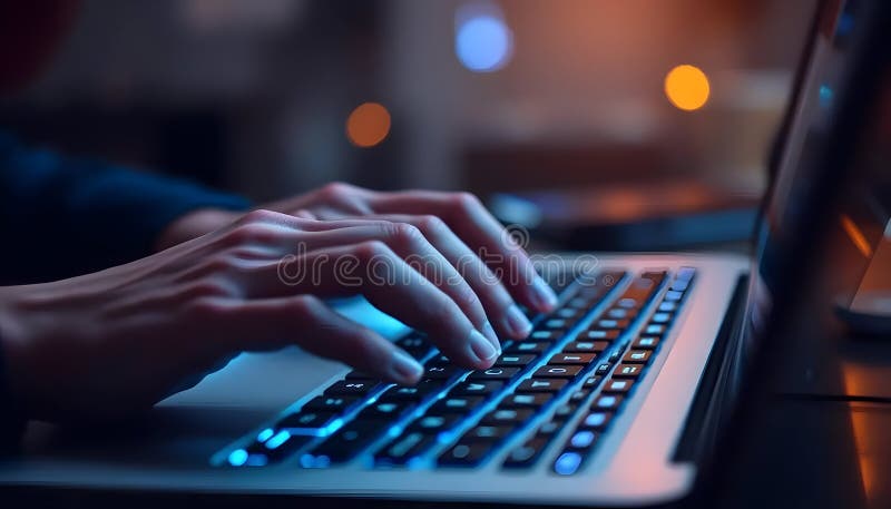 Hands Typing on a Glowing Computer Keyboard in the Dark Stock ...