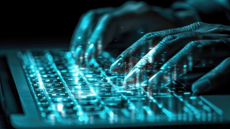 Hands Typing on a Glowing Futuristic Keyboard. Stock Image - Image of ...