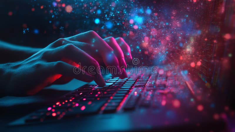 Close Up Of Hands Typing On A Glowing Keyboard With Intricate Data Code On The Screen