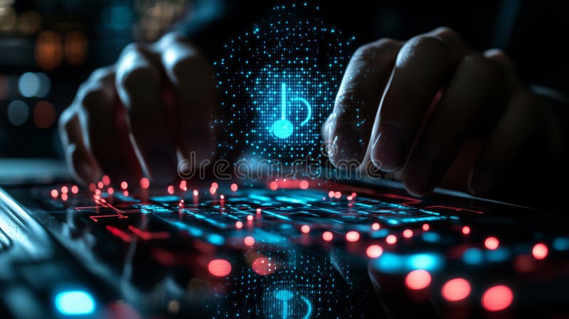 Hands Typing on a Glowing Keyboard with a Digital Lock Symbol Hovering ...