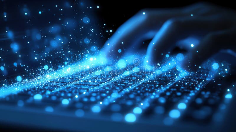 Hands Typing on Glowing Keyboard Digital Particles Night Scene ...