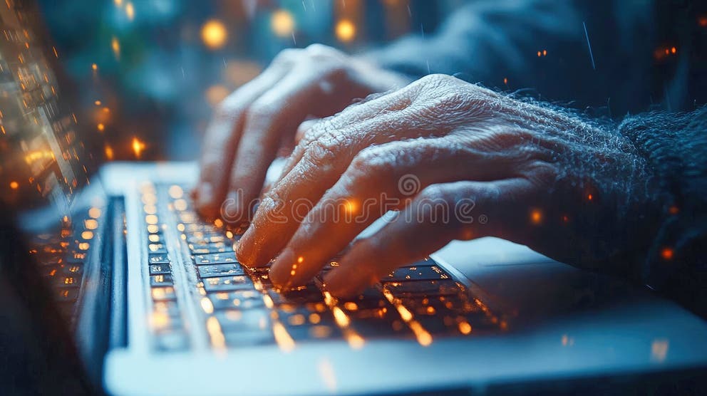 Hands Typing on a Glowing Laptop Keyboard in a Low-light Environment ...