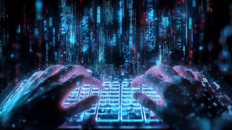 Hands Typing On A Glowing Laptop Keyboard With Streams Of Binary Code