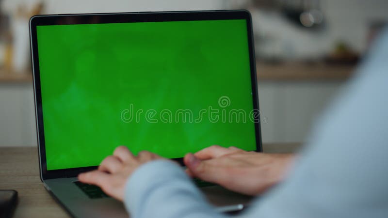 Hands Typing Greenscreen Laptop at Home Close Up. Freelancer Working on ...