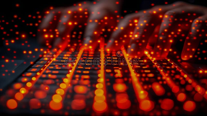 Hands Typing on Illuminated Keyboard with Red Lights Stock Illustration ...