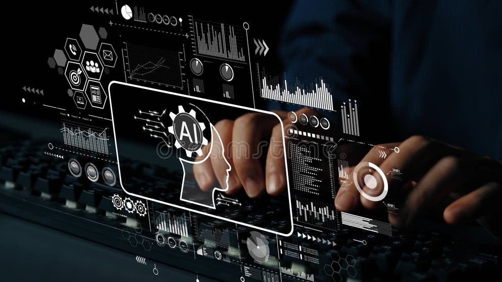 Hands Typing on Keyboard with AI Technology and Digital Interface Displaying Data Analytics and ...