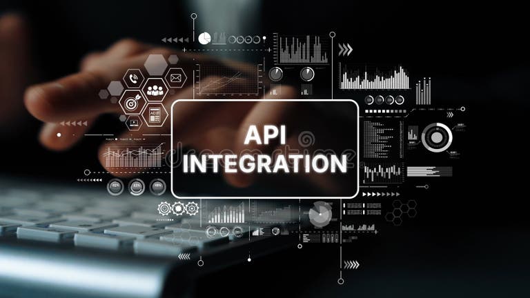 Hands Typing on Keyboard with API Integration Concept and Data Visualization Elements for ...