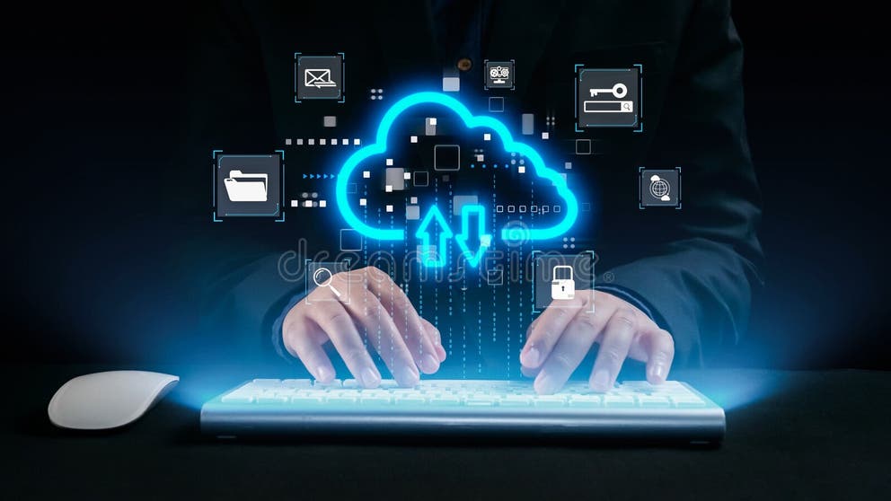 Hands Typing on Keyboard with Cloud Computing Icons and Data Transfer Concept in Modern Business ...