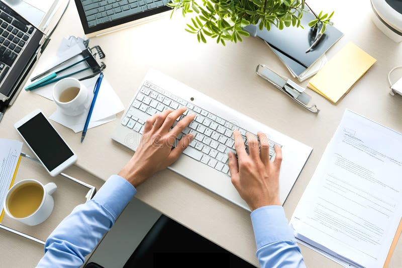 Hands Typing on a Keyboard at a Cluttered Office Desk with Coffee ...