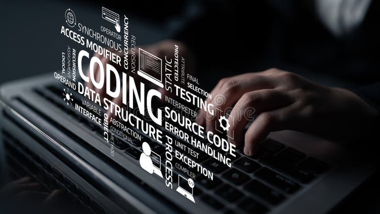 Hands Typing on Keyboard with Coding and Programming Words in Background Illustrating Software ...