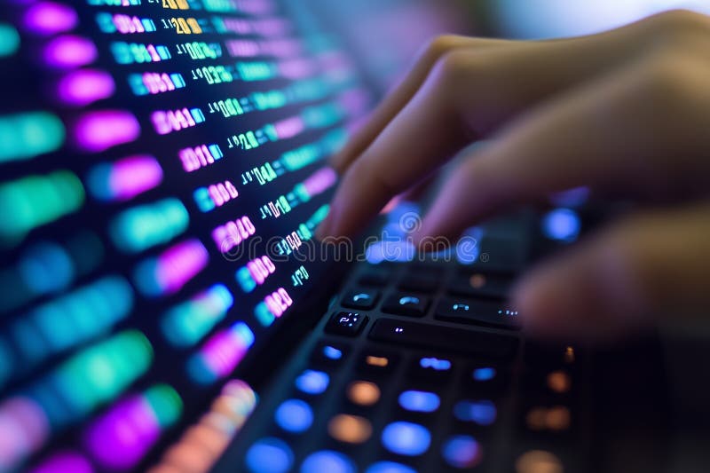 Hands Typing on a Keyboard with Colorful Code Displayed on the Screen at a Tech Workspace during ...