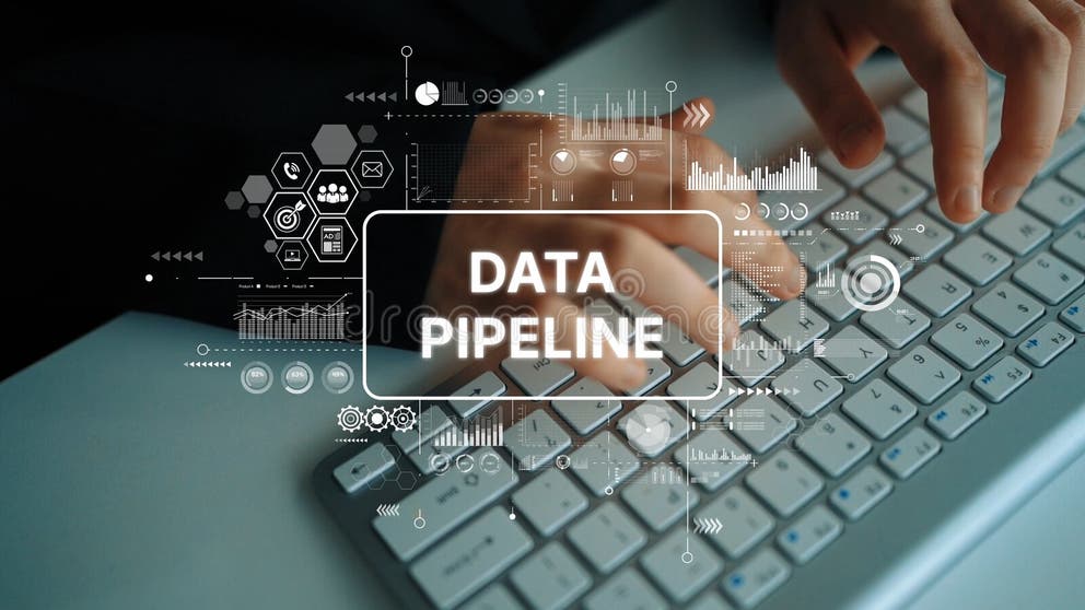 Hands Typing on Keyboard with Data Pipeline Visual Elements and Graphical Analytics Overlays for ...