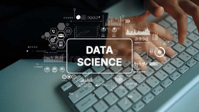 Hands Typing on Keyboard with Data Science Graphics and Statistical Elements for Technology and ...