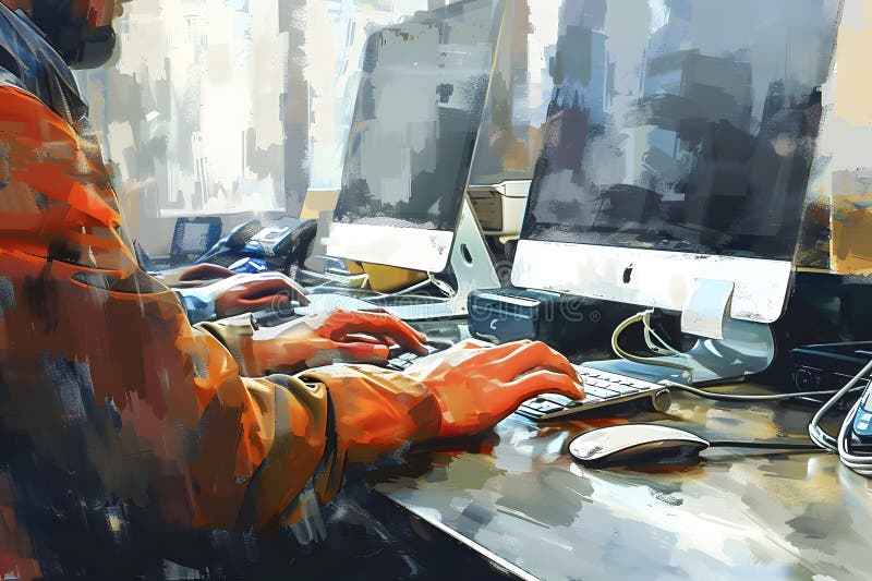 Hands Typing on Keyboard at Desk with Multiple Computer Screens in ...