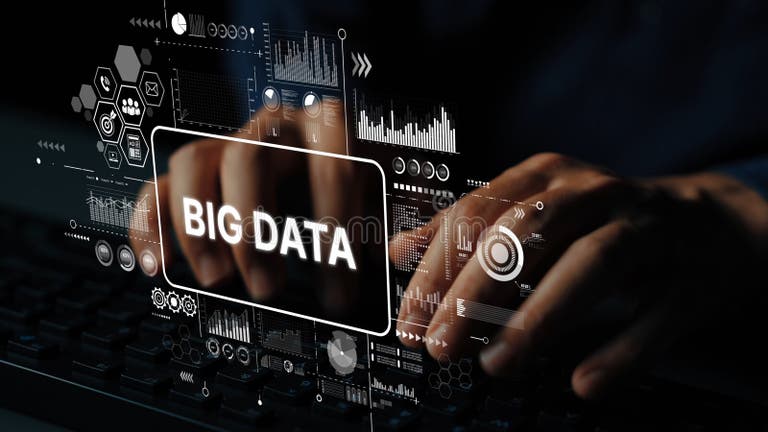 Hands Typing on Keyboard with Digital Big Data Graphics and Analytics Visualizations in Dark ...