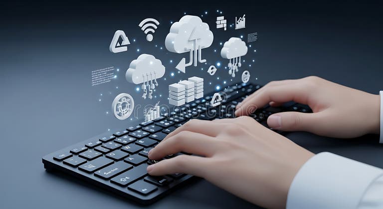 Hands Typing on a Keyboard with Digital Cloud Computing Graphics ...