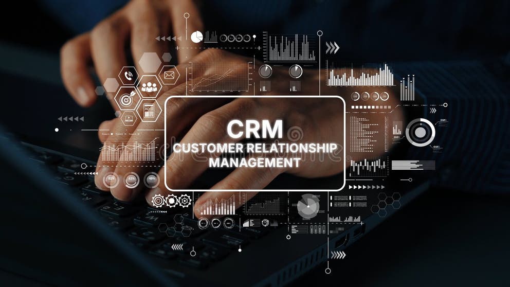 Hands Typing on Keyboard with Digital CRM Icons Representing Customer Relationship Management ...