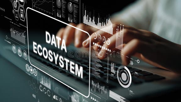 Hands Typing on Keyboard with Digital Data Ecosystem Graphics Displayed ...