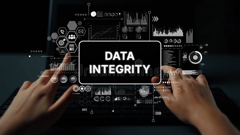 Hands Typing on Keyboard with Digital Data Integrity Concept Display and Graphical Interface ...