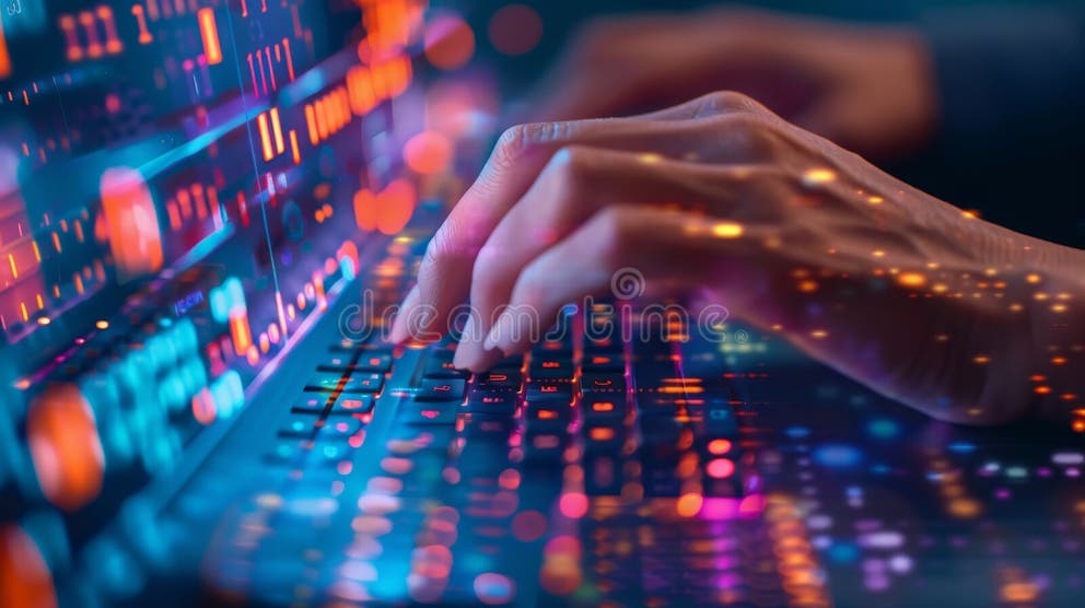 Hands Typing on Keyboard with Digital Hologram Screen, Software ...