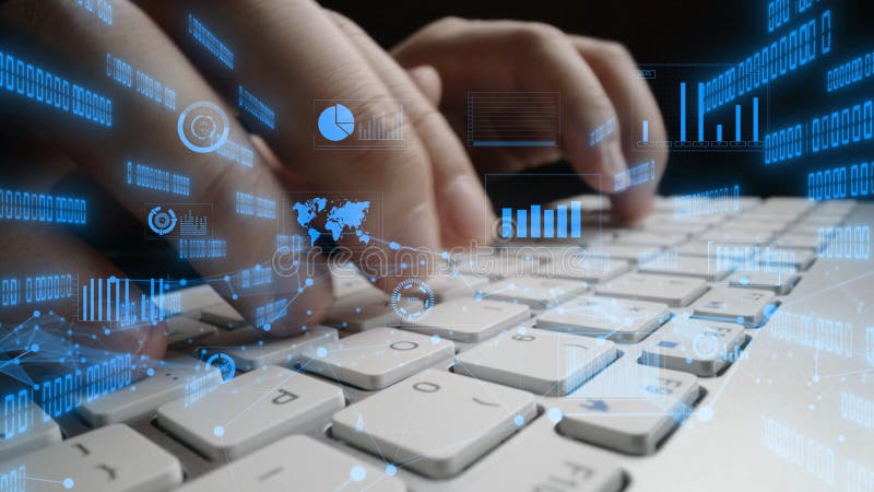 Hands Typing on Keyboard with Digital Overlay of Graphs, Data, and ...