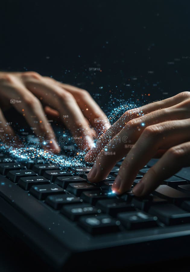 Hands Typing on a Keyboard, with Digital Particles and Numbers Emerging ...