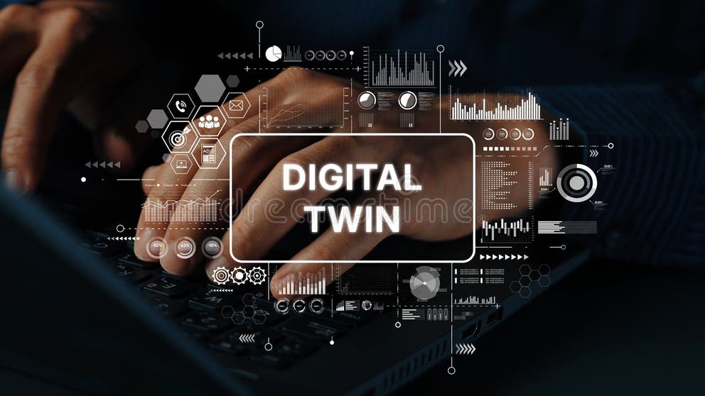 Hands Typing on Keyboard with Digital Twin Concept Visual Overlays and ...