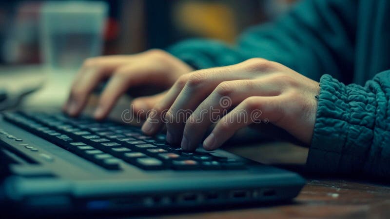 Hands Typing on a Keyboard in a Dimly Lit Workspace, Conveying Focus ...
