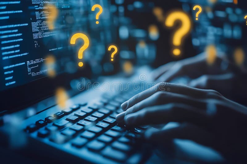 Hands Typing on Keyboard with Floating Question Marks, Symbolizing ...