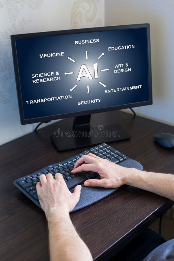 Hands Typing on Keyboard in Front of Computer Screen Displaying AI Applications and Concepts ...