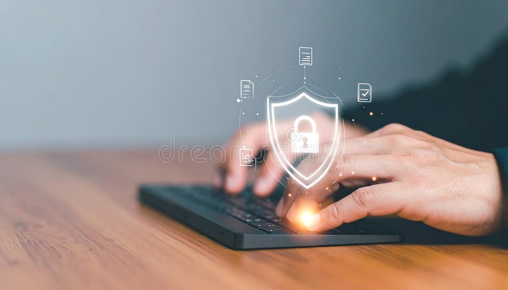 Hands Typing on a Keyboard, with Glowing Cybersecurity Shield and ...